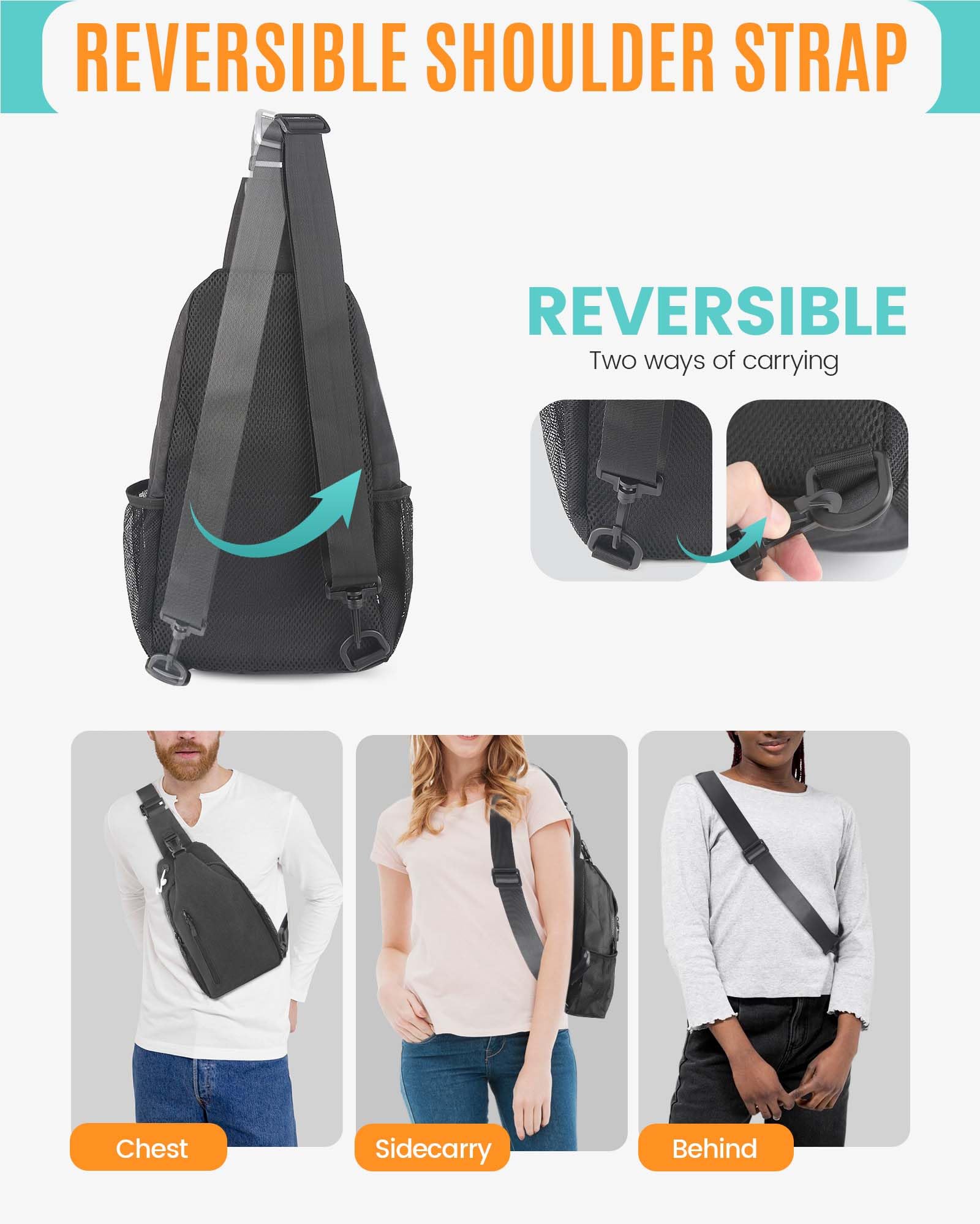 Crossbody Sling Bag for Women & Men, Waterproof Sling Backpack with USB Charging Port, Lightweight Shoulder Chest Bag for Hiking, Travel (Black)