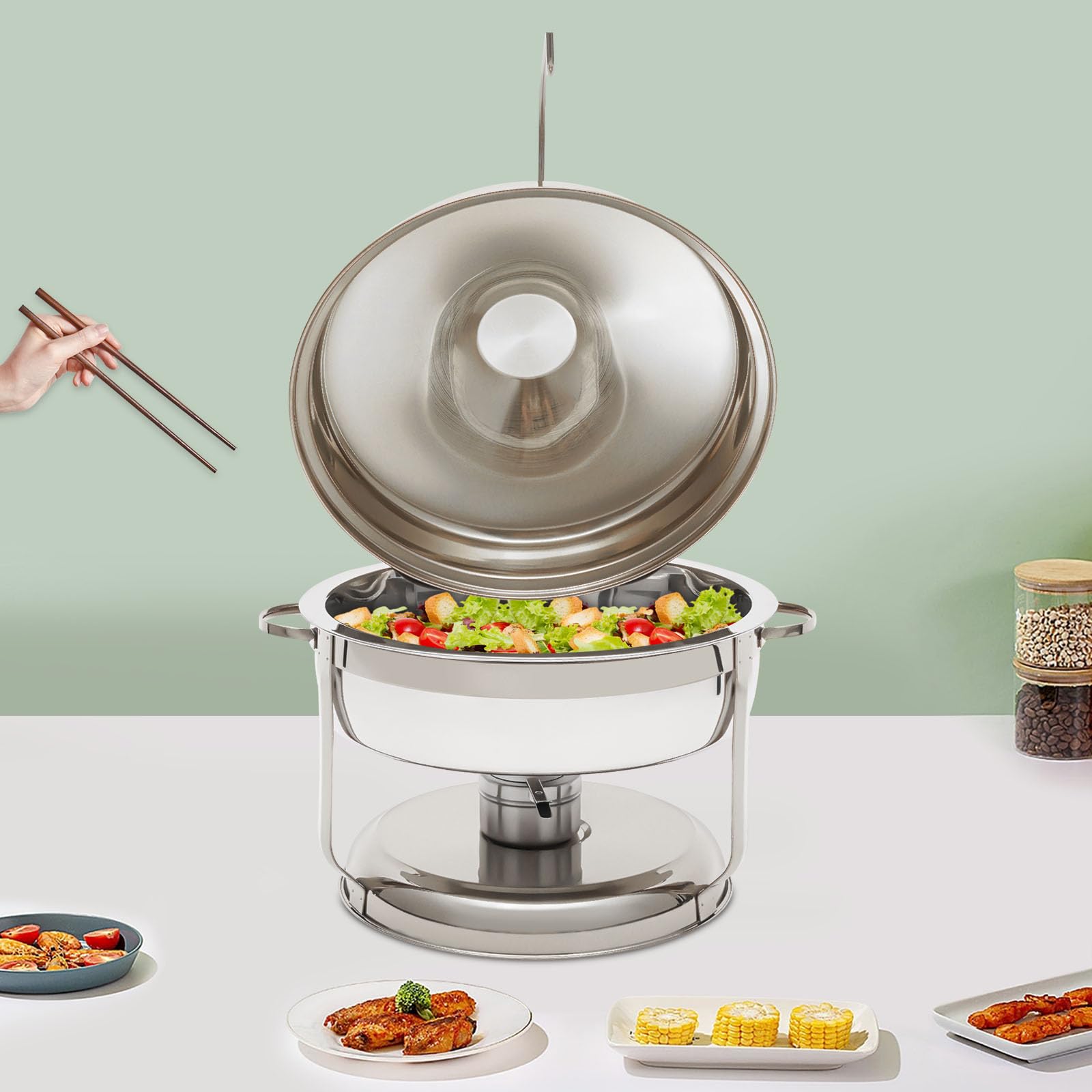 9L Chafing Dish Buffet Set, Round Food Pan, Buffet Servers and Warmers Disposable, Stainless Steel Chafing Dishes with Top Lid