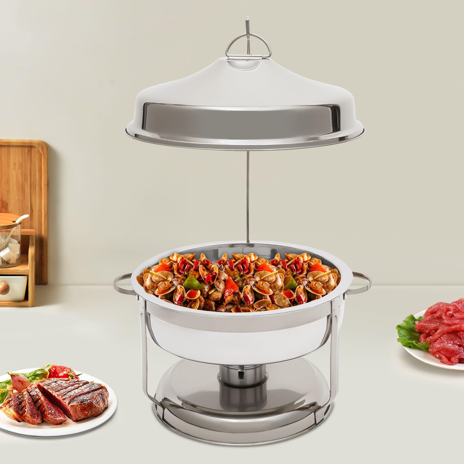 9L Chafing Dish Buffet Set, Round Food Pan, Buffet Servers and Warmers Disposable, Stainless Steel Chafing Dishes with Top Lid