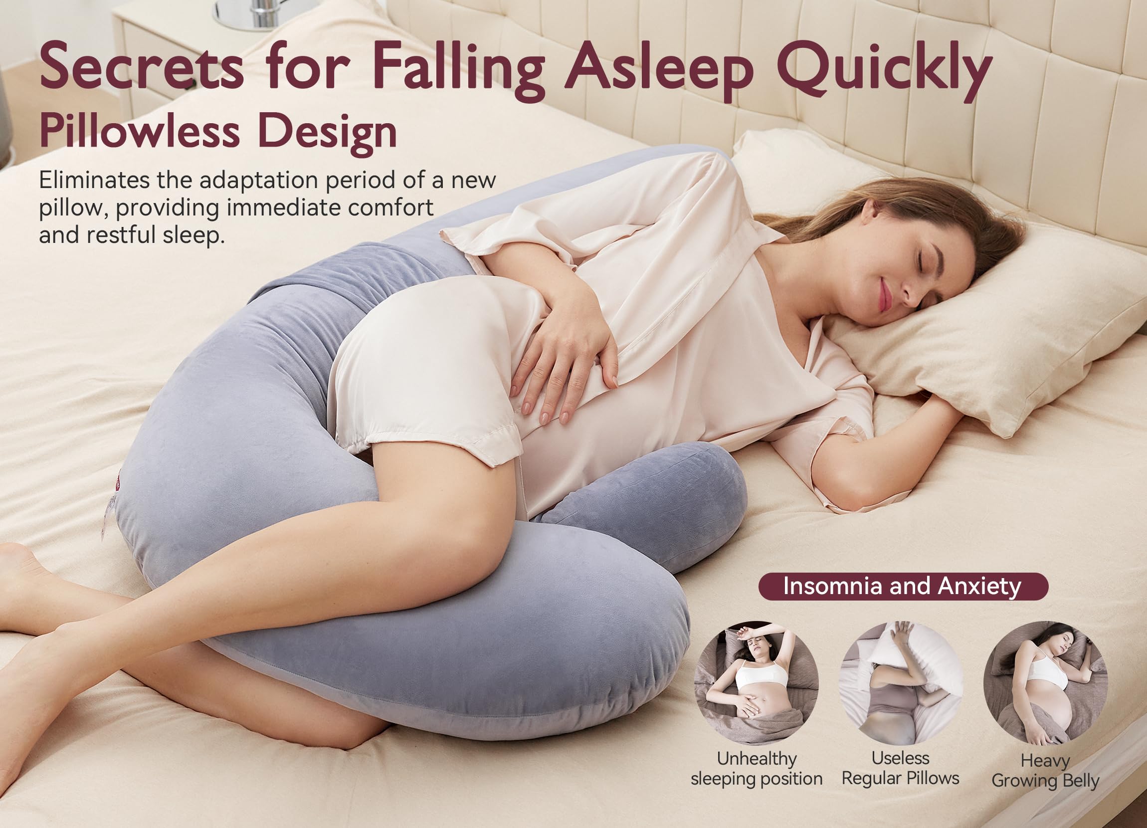 Momcozy Pregnancy Pillow, Original F Shaped Maternity Pillow for Pregnant Women with Adjustable Wedge Pillow, Full Body Support Pregnancy Pillows for Side Sleeping with Velvet Cover, Grey