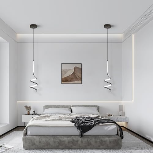Jaycomey 2Pack Modern Spiral Led Pendant Light Fixture, 24W Cool White Warm Light Minimalist Integrated LED Hanging Lamp, Adjustable Island Light for Living Room Bedroom Bar Kitchen Sink, Black