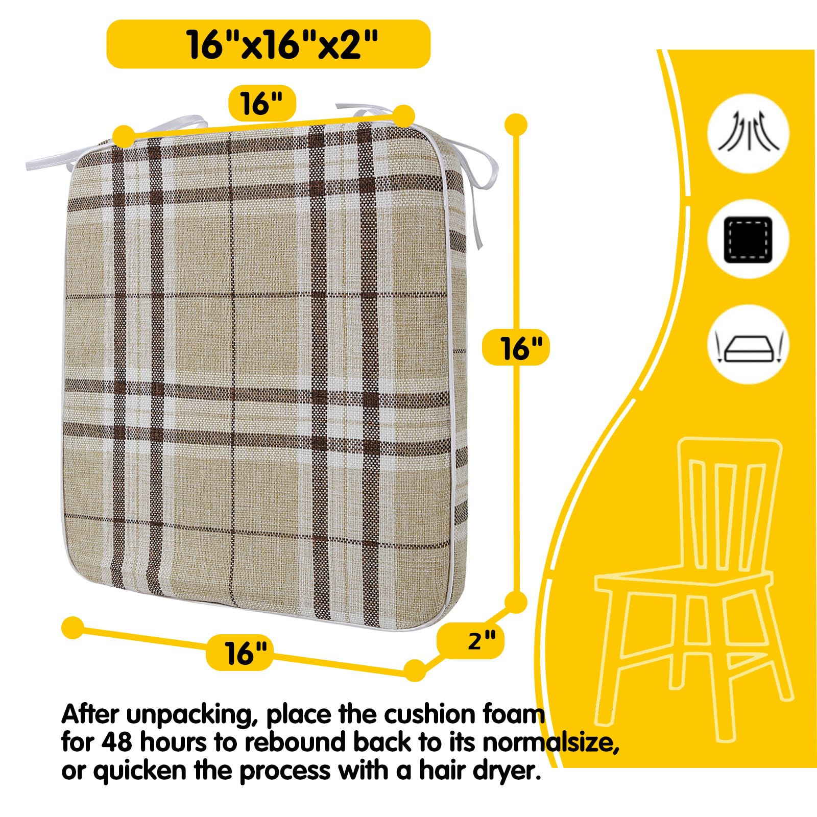 Maphissus 6 Set Memory Foam Kitchen Chair Pad Non Slip 16x16 Dining Seat Cushion with Ties Beige