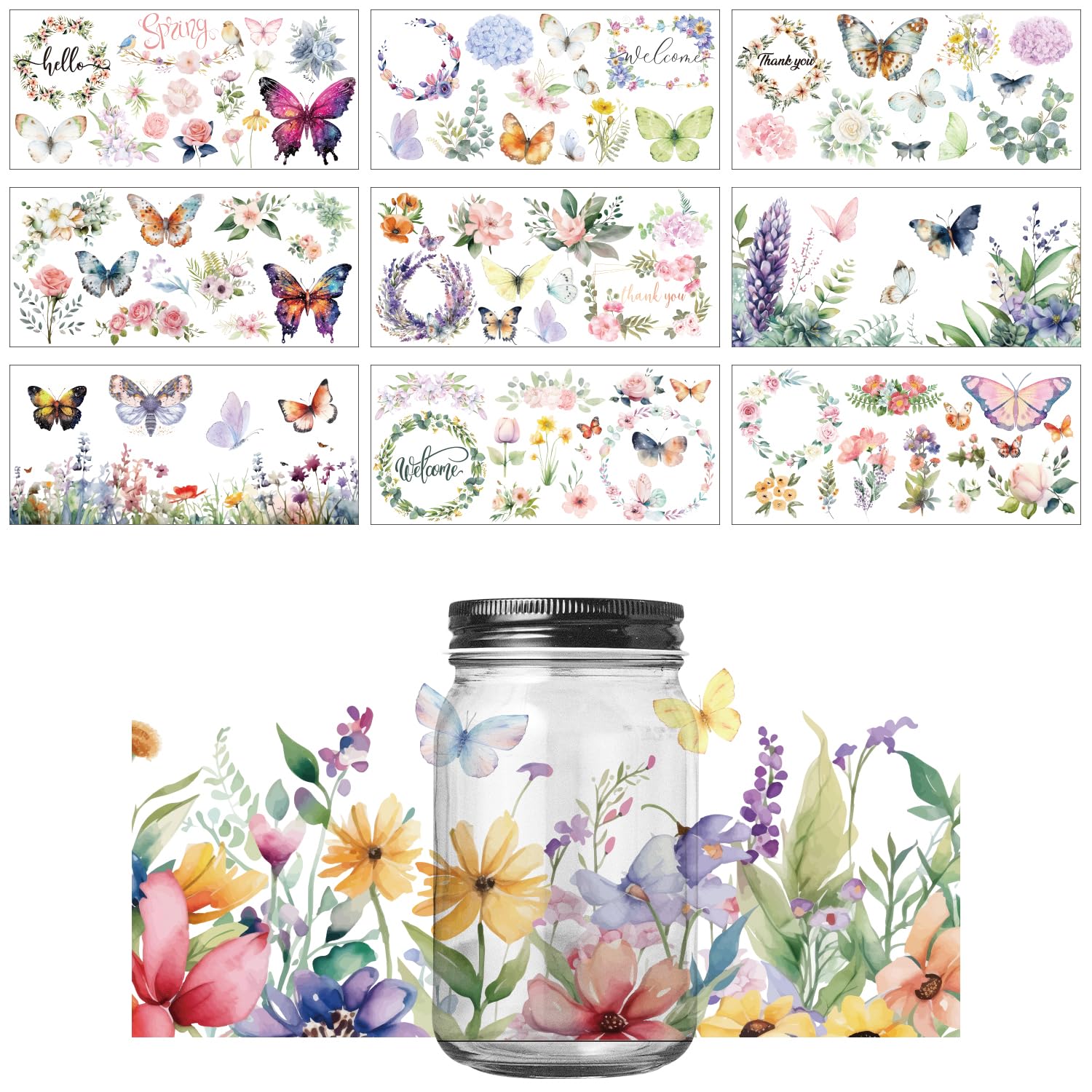 10 Sheets DTF Cup Wrap Transfer Stickers, Colorful Rub On Transfer Stickers Butterfly DTF Transfer Sticker Floral Cup Wrap Transfer Stickers for 16oz Glass Cup Handmade Crafts