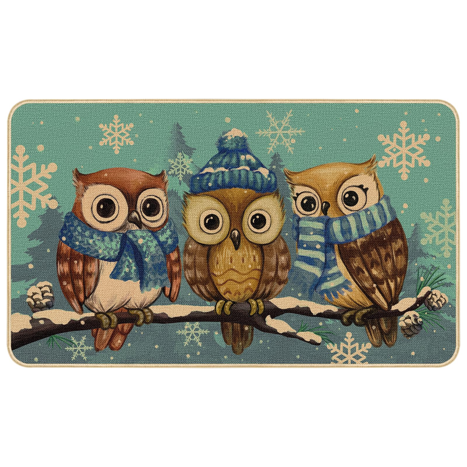 Winter Door Mat, Non Slip Owl Welcome Entrance Mats Christmas Winter Snowflake Home Decor 29 x 17 Inch Rubber Kitchen Doormat for Xmas Holiday Entryway Front Porch Farmhouse Decoration