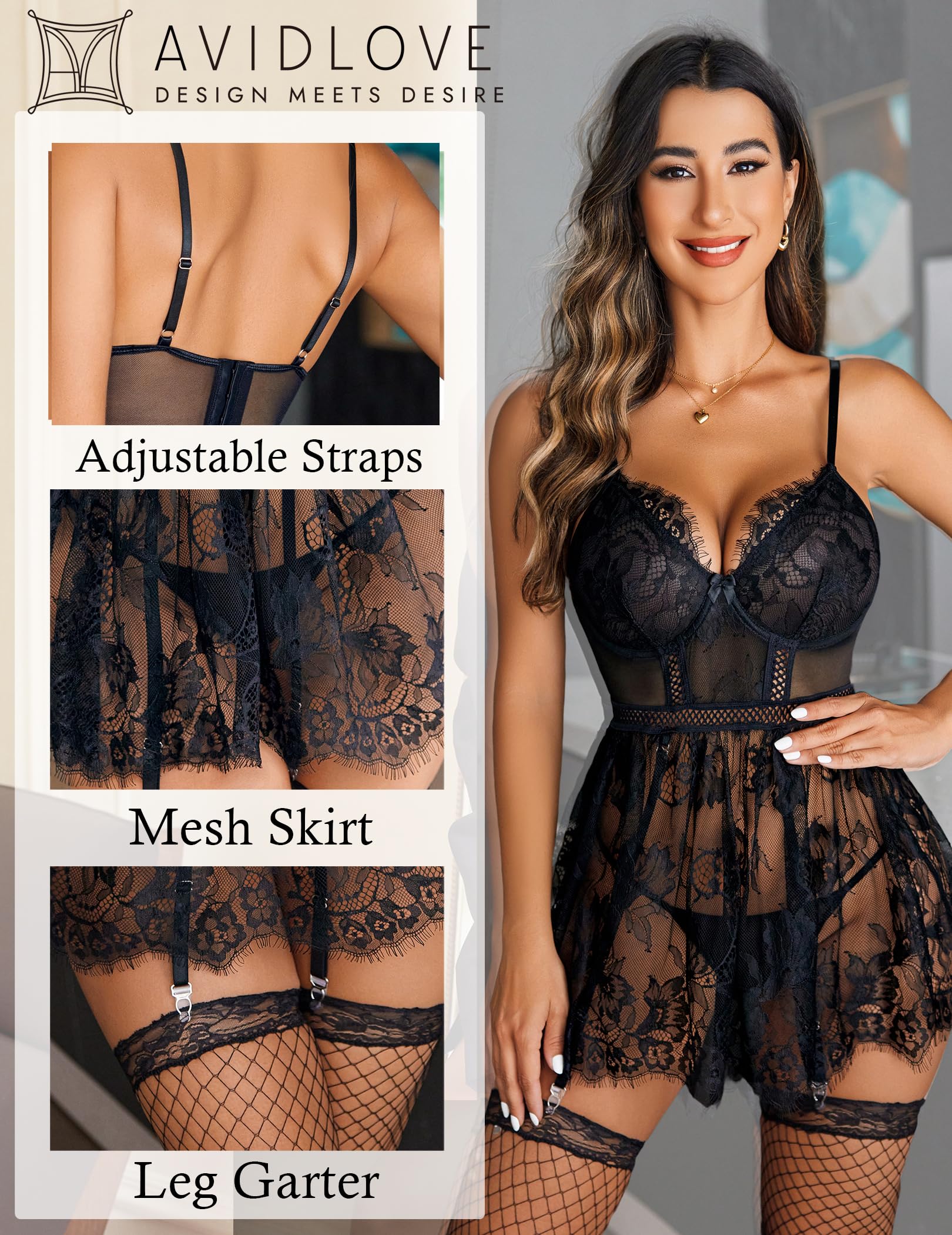 Avidlove Babydoll Lingerie For Women Eyelash Lace Lenceria Para Mujer (Black, Medium)