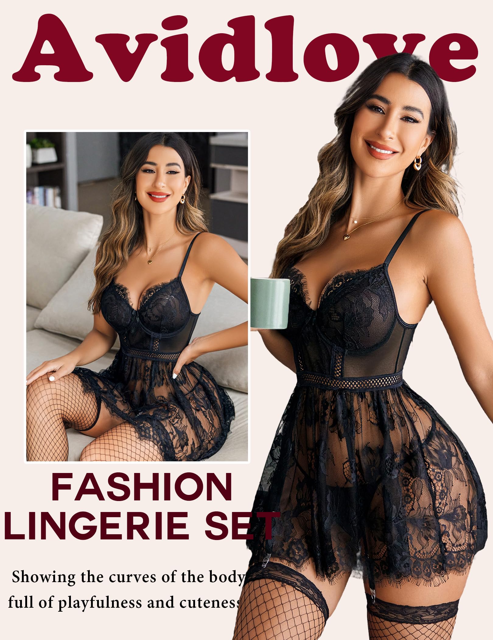 Avidlove Babydoll Lingerie For Women Eyelash Lace Lenceria Para Mujer (Black, Medium)