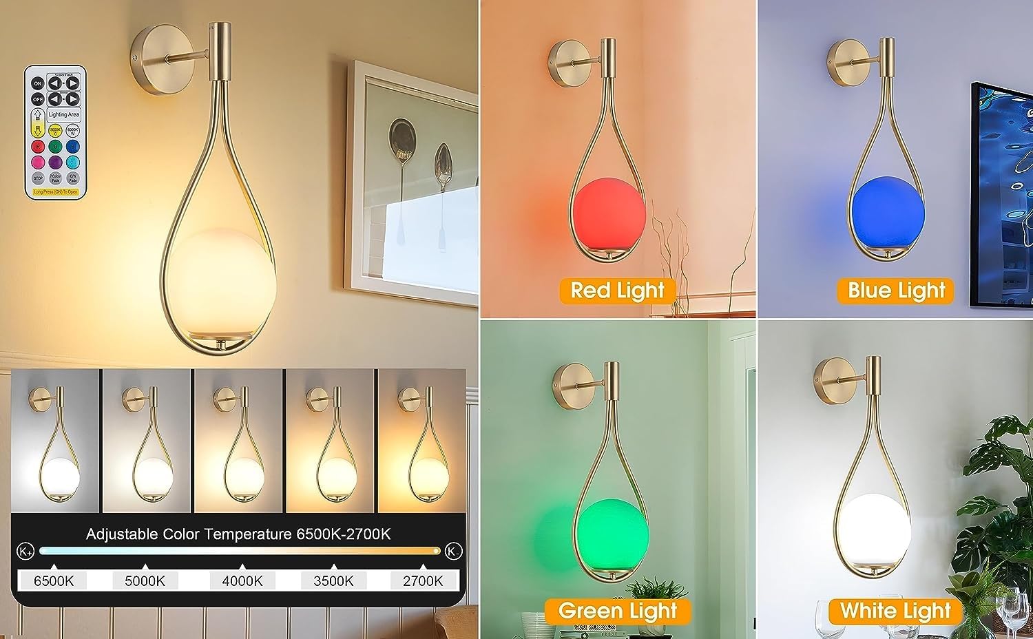 jengush Pack Wall Sconces/Wall Lights, Not Hardwired Brass Gold -White Glass Globe Wall Lamps, Wireless Light Fixture for Bedroom, Living Room, Bathroom, Hallway (GD)
