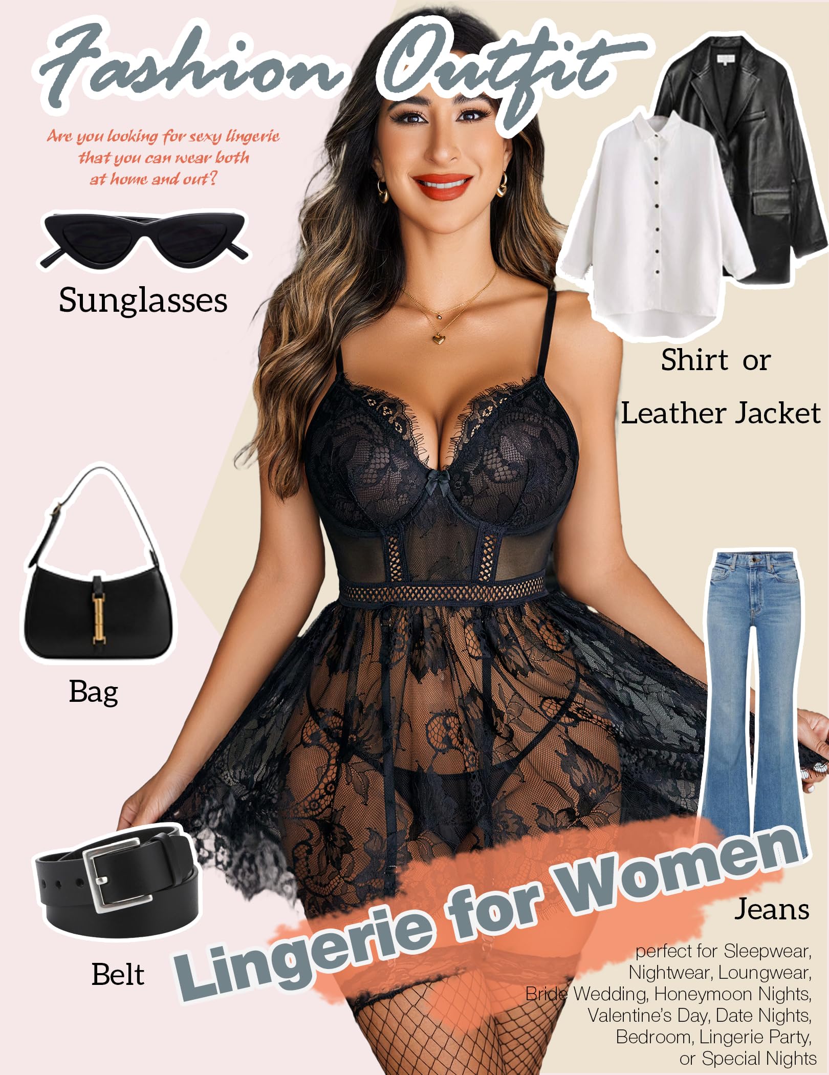 Avidlove Babydoll Lingerie For Women Eyelash Lace Lenceria Para Mujer (Black, Medium)