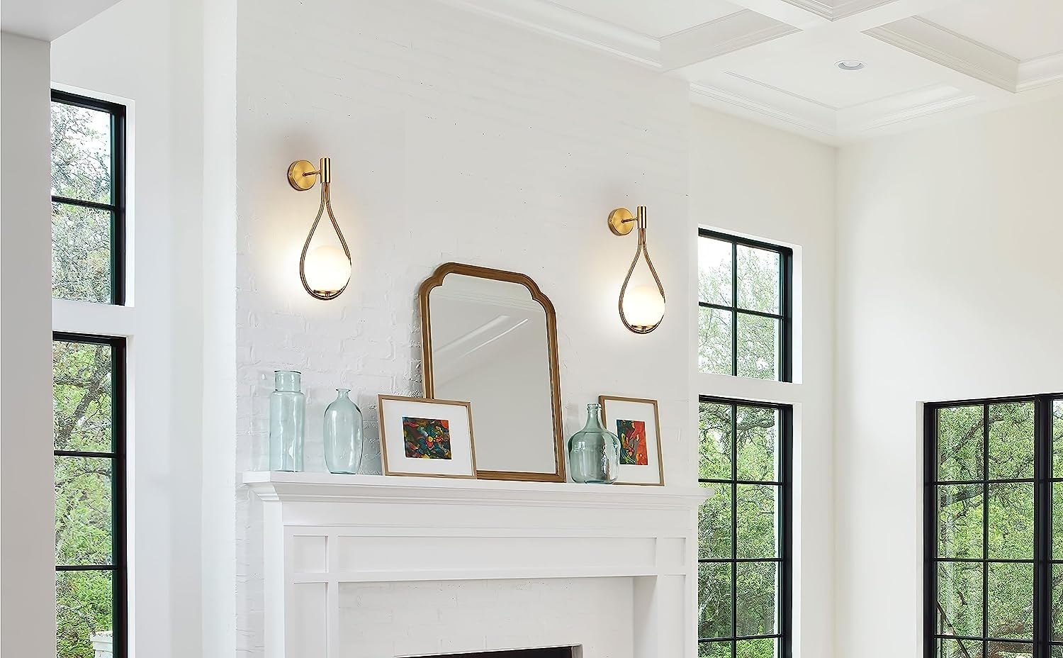 jengush Pack Wall Sconces/Wall Lights, Not Hardwired Brass Gold -White Glass Globe Wall Lamps, Wireless Light Fixture for Bedroom, Living Room, Bathroom, Hallway (GD)
