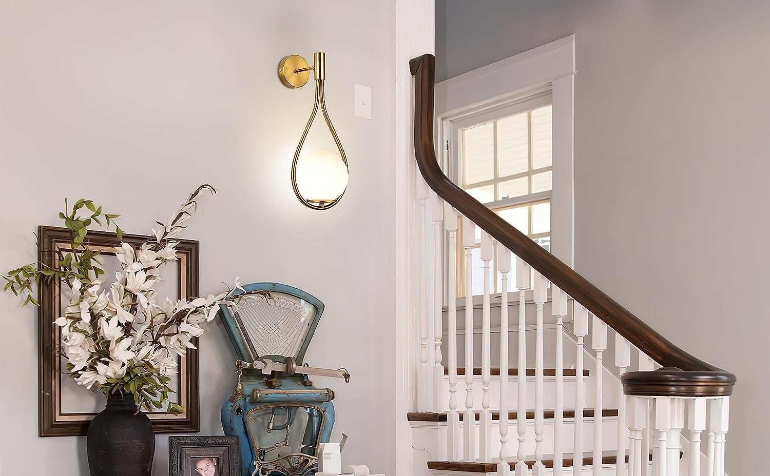 jengush Pack Wall Sconces/Wall Lights, Not Hardwired Brass Gold -White Glass Globe Wall Lamps, Wireless Light Fixture for Bedroom, Living Room, Bathroom, Hallway (GD)
