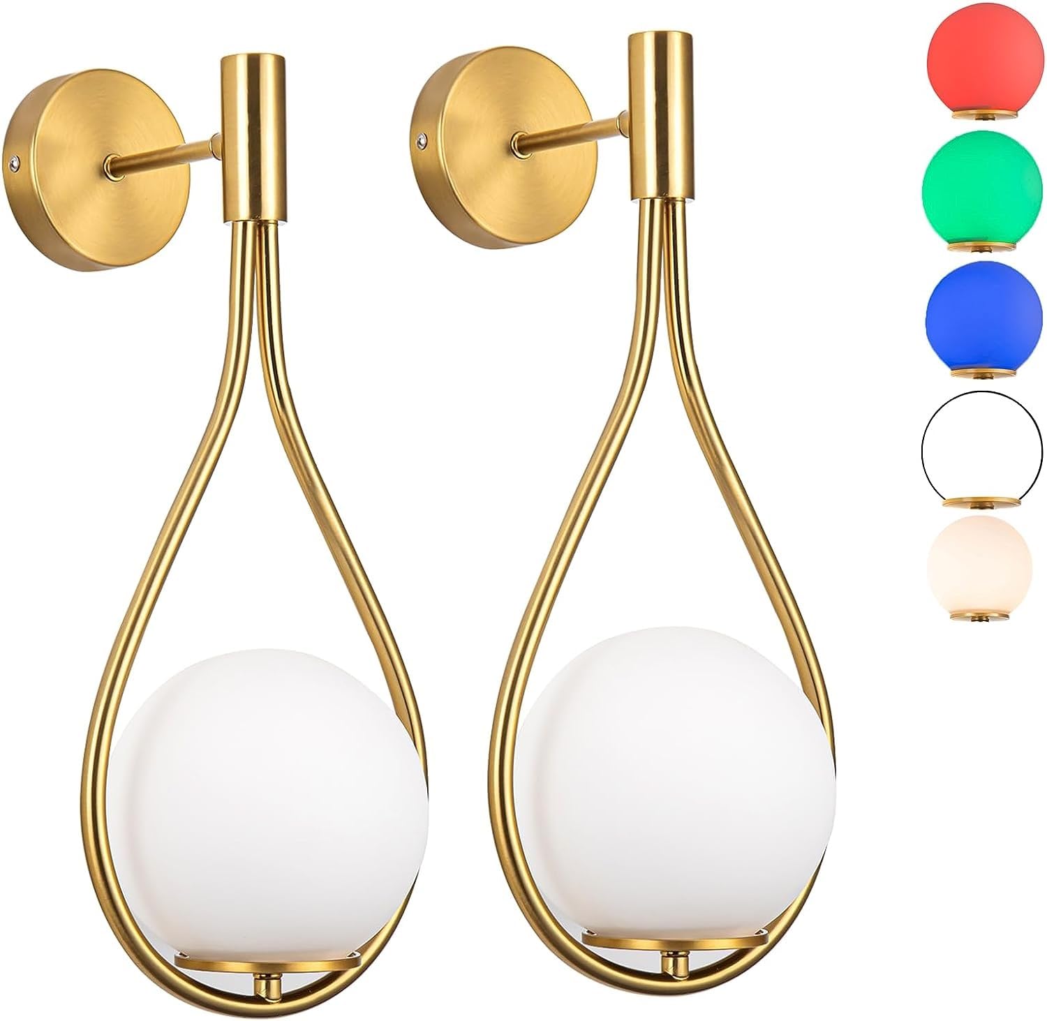 jengush Pack Wall Sconces/Wall Lights, Not Hardwired Brass Gold -White Glass Globe Wall Lamps, Wireless Light Fixture for Bedroom, Living Room, Bathroom, Hallway (GD)