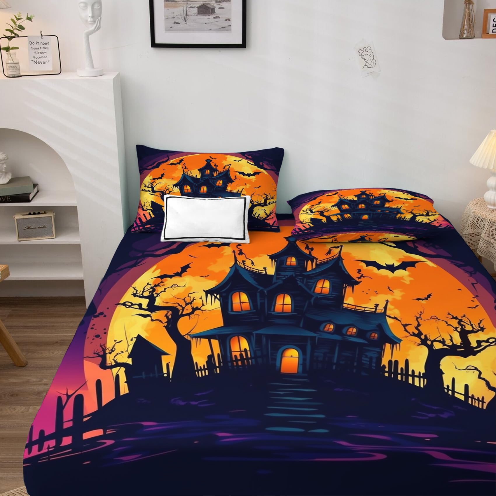 Halloween Sheets Twin Size, Castle Bat Moon Bed Sheets, Patterned Bedding Sheets & Pillowcases 3 Piece Set - Soft Microfiber Deep Pocket Fitted Sheet & Flat Sheet & Pillow Case M5-&-23