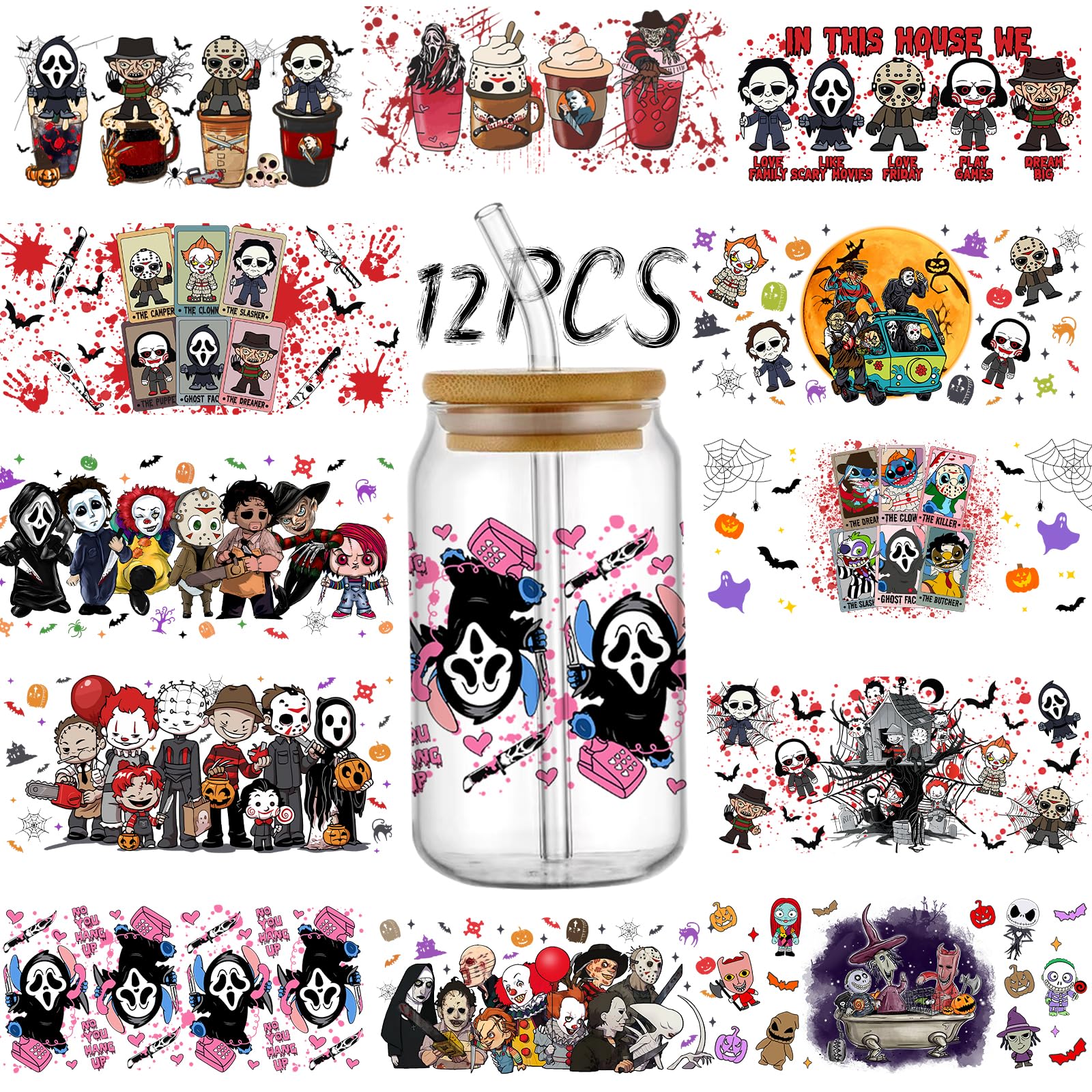 UV DTF Cup Wrap Transfer for Glass 16oz,12 Sheetes Horror UV DTF Transfers Stickers Cup Decals, Rub on Transfers Cup Stickers for Crafts, Ready to Apply, Permanent Adhesive, No Heat Needed