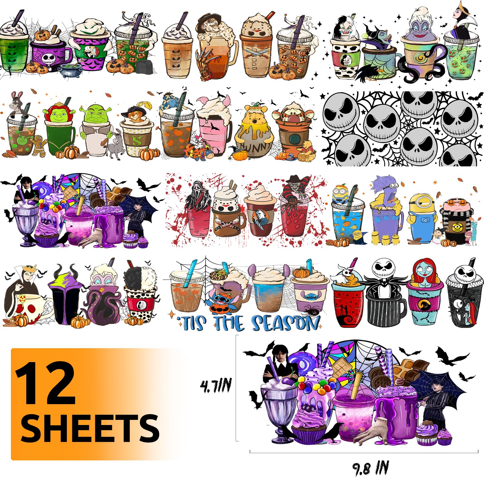 Elitles Made Halloween UV DTF Cup Wrap Transfer for Glass 16oz, 12 Sheetes Transfers Stickers Decals, Rub on Crafts, Ready to Apply, Permanent Adhesive, No Heat Needed