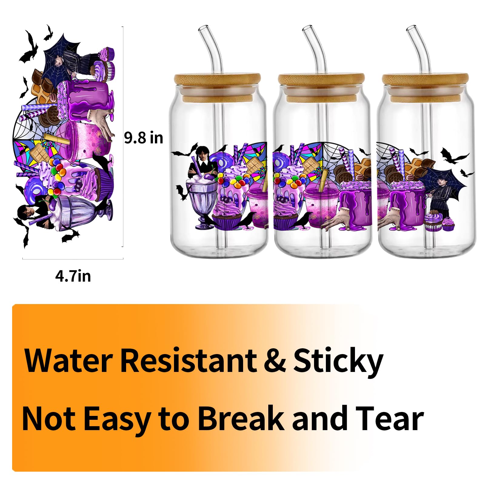 Elitles Made Halloween UV DTF Cup Wrap Transfer for Glass 16oz, 12 Sheetes Transfers Stickers Decals, Rub on Crafts, Ready to Apply, Permanent Adhesive, No Heat Needed