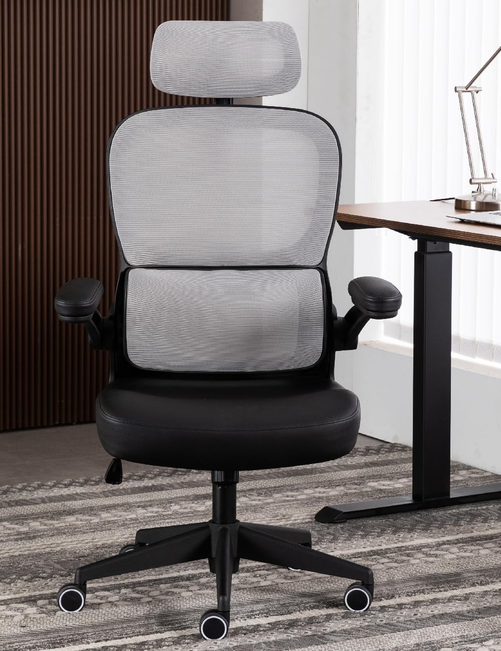 Ergonomic Mesh Office Chair High Back Desk Chair for Big and Tall People Adjustable Headrest with 2D Armrest Lumbar Support and PU Wheels Swivel Tilt Function Black (Black/Grey with Nylon Base)