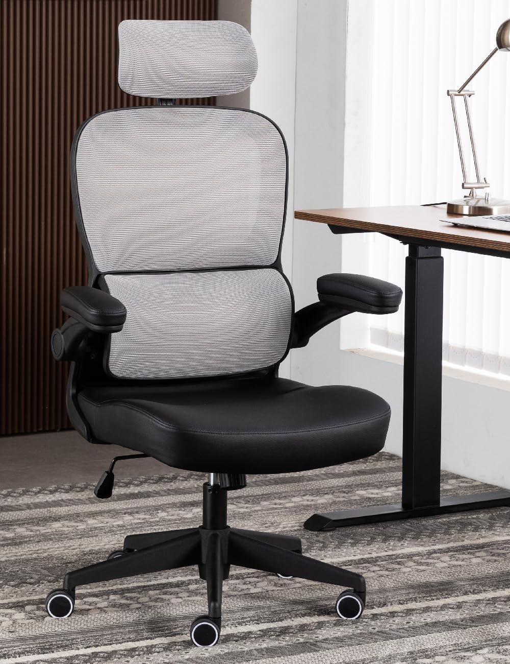 Ergonomic Mesh Office Chair High Back Desk Chair for Big and Tall People Adjustable Headrest with 2D Armrest Lumbar Support and PU Wheels Swivel Tilt Function Black (Black/Grey with Nylon Base)