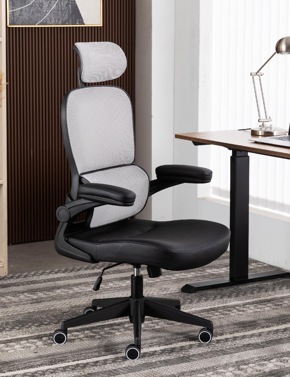 Ergonomic Mesh Office Chair High Back Desk Chair for Big and Tall People Adjustable Headrest with 2D Armrest Lumbar Support and PU Wheels Swivel Tilt Function Black (Black/Grey with Nylon Base)