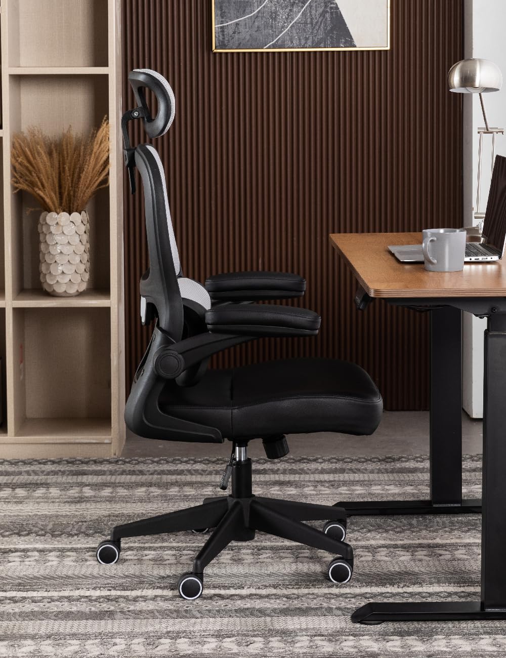 Ergonomic Mesh Office Chair High Back Desk Chair for Big and Tall People Adjustable Headrest with 2D Armrest Lumbar Support and PU Wheels Swivel Tilt Function Black (Black/Grey with Nylon Base)
