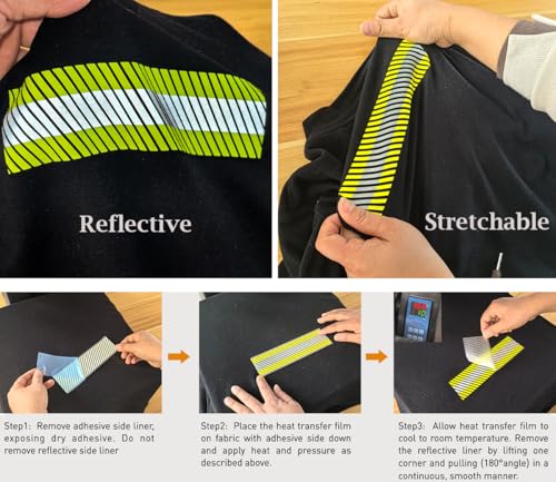 NOZUONO High Visibility Reflective Heat Transfer Vinyl Iron On Tape for Clothing 2in x 5yd (Fluorescent Yellow Striped)