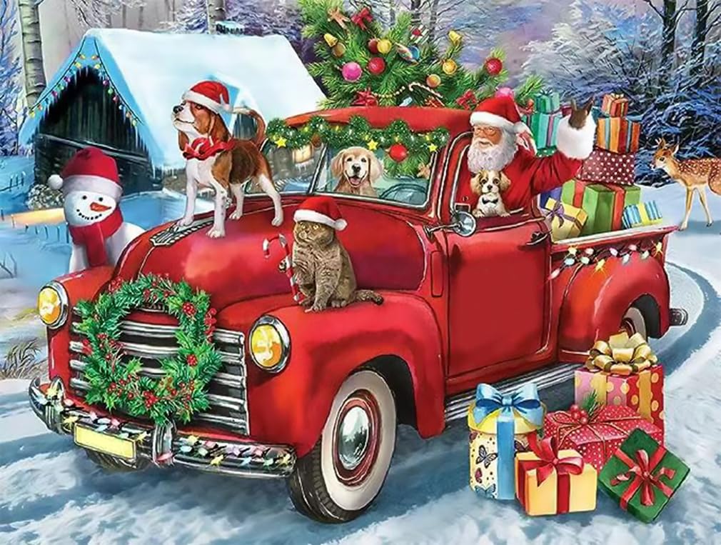 Yonmlenm Christmas Red Truck Diamond Painting Kits-DIY Santa Claus Express Full Circle Diamond Dot Diamond Art Kits, Suitable for Gift Home Wall Decoration (12X16Inch)