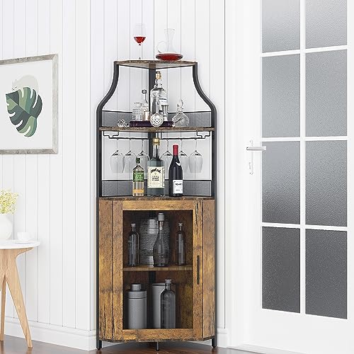 GAOMON Corner Wine Cabinet,Wine and Glass Rack,Freestanding Liquor Cabinet Bar Cupboard with Storage Shelves for Kitchen, Dining Room,Living Room (Rustic Brown)