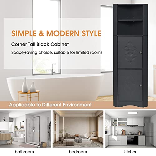 Lifeand Tall Bathroom Corner, Freestanding Doors and Adjustable Shelves, 61.02" H Triangle Storage Cabinet, Black