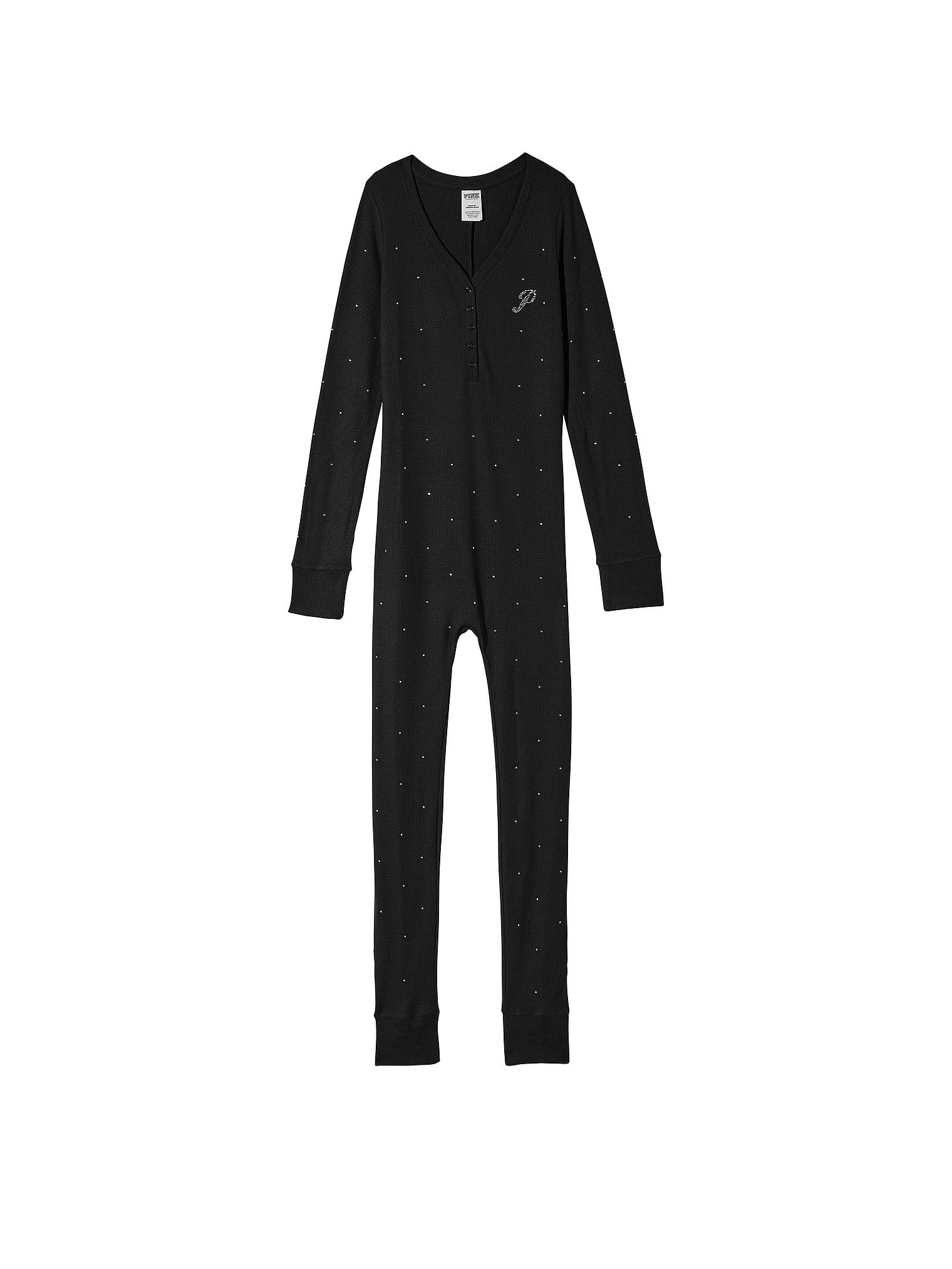 Victoria's Secret PINK Thermal Onsie, PJ Set for Women, 2 Piece Lounge Set PJs, Cozy Pajamas Women, Women's Sleepwear, Black (XL)