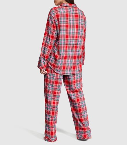 Victoria's Secret Flannel Pajamas, Long Sleeve Button Down & Pant Set, Sleepwear for Women, Lipstick Beauty Plaid, L