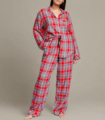 Victoria's Secret Flannel Pajamas, Long Sleeve Button Down & Pant Set, Sleepwear for Women, Lipstick Beauty Plaid, L
