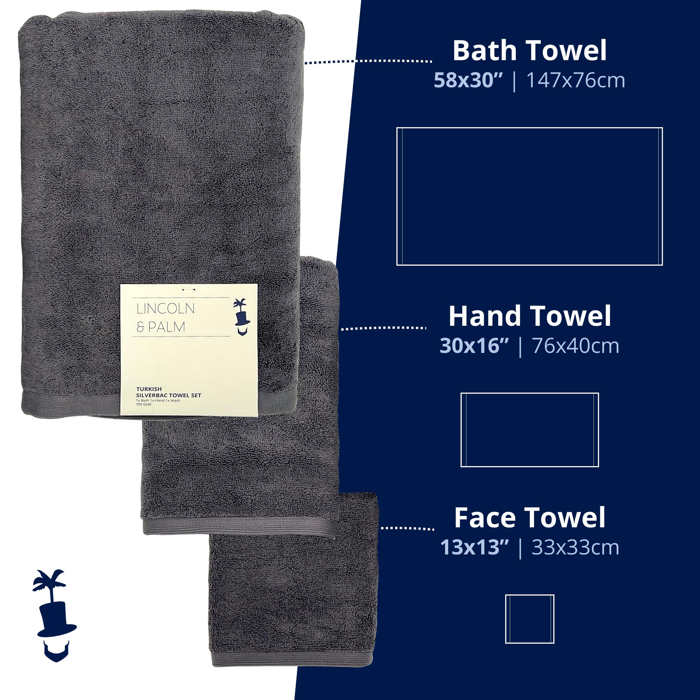 Lincoln & Palm 3 Piece Turkish Towels Set, Thick, Soft, Plush 700 GSM Spa & Hotel Quality, Silver Infused SILVERbac | Bath 58x30, Hand 30x16, Face Wash Cloth 13x13 (3 Piece Towel Set, Charcoal)
