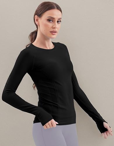 Gxpok Long Sleeve Workout Tops for Women Slim Fit,High-Stretch & Ultra-Soft Yoga Athletic Long Sleeve Shirts with Thumbhole(Black,S)