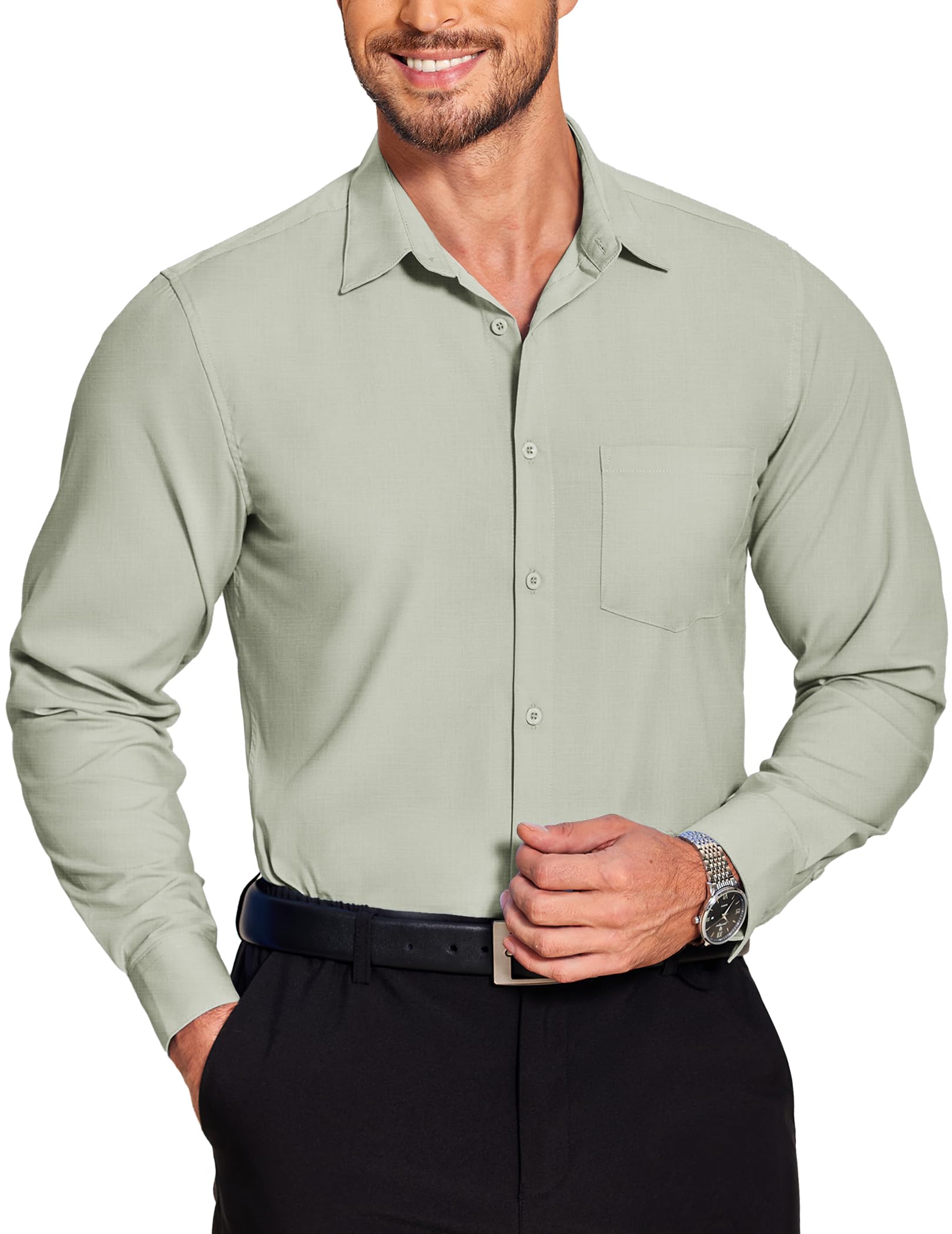 COOFANDY Men's Long Sleeve Button Down Dress Shirts Wrinkle Free Regular Fit Formal Muscle Fit Shirt Green