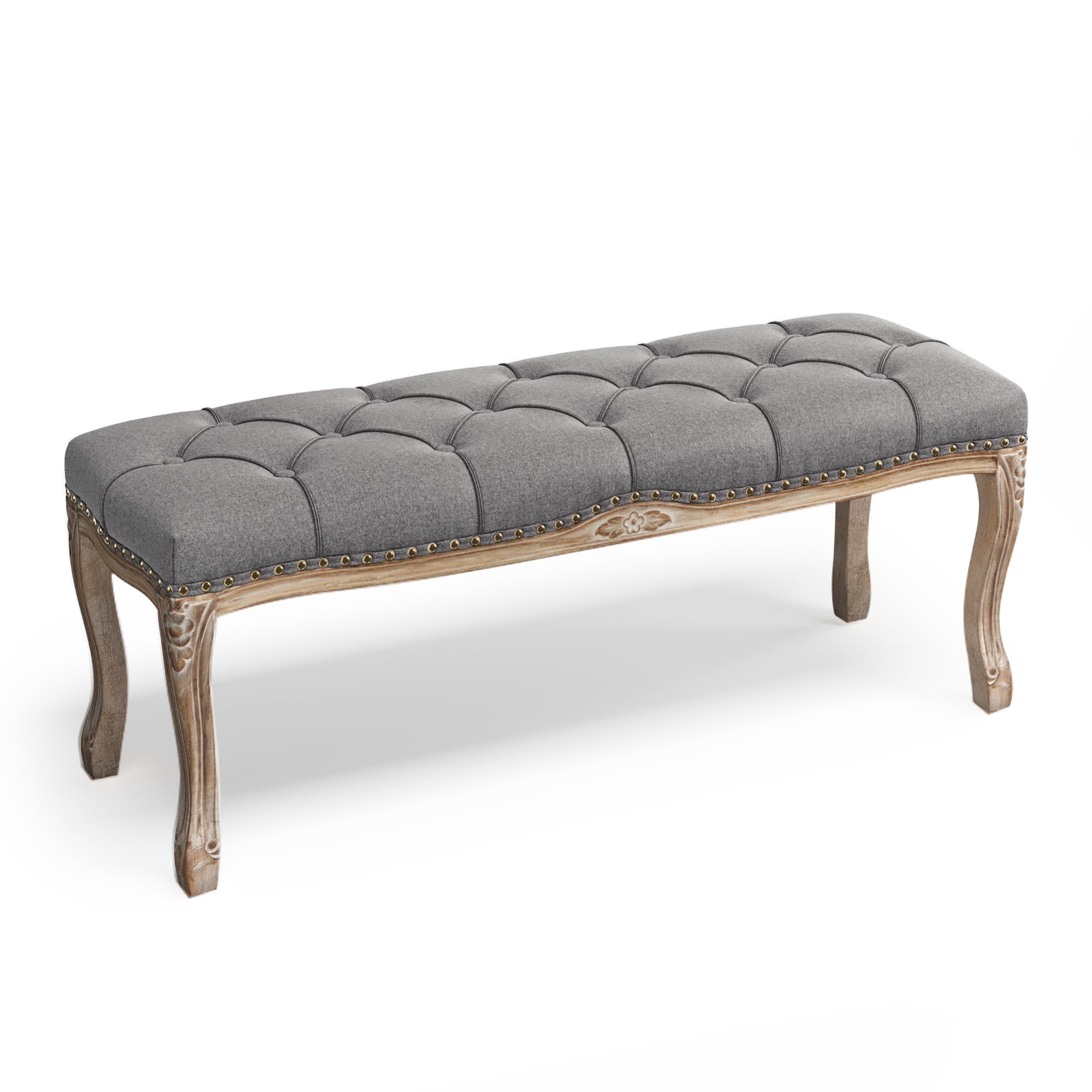 Cozyman Bedroom Bench, French Vintage Tufted Entryway Bench, 45.2" Carving Upholstered End of Bed Bench with Distressed Wood Legs, Linen Ottoman Bench Seat for Living Room, Foyer, Dining Room, Gray