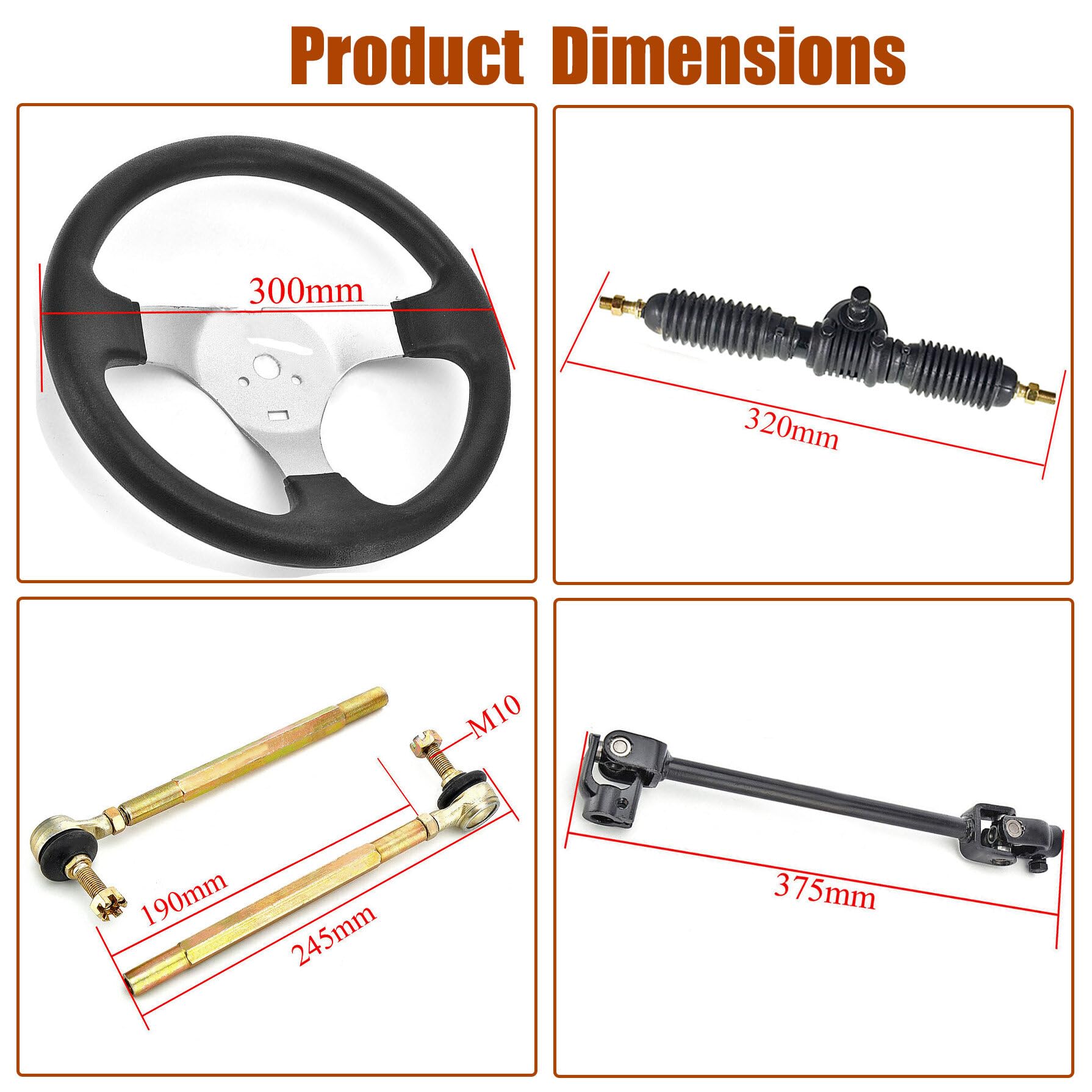 GXYWADY 300mm Steering Wheel Steel Kit 320mm Gear Rack Pinion Adjustable Shaft Set Replacement for 110cc Go Kart ATV Buggy Quad Parts