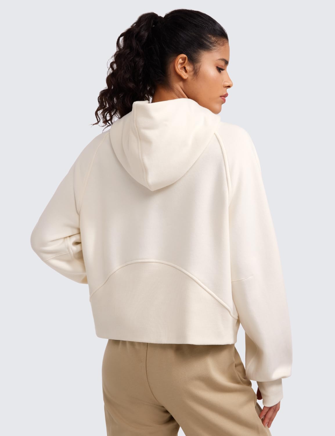 CRZ YOGA Womens Fleece Lined Half Zip Hoodies Pullover Oversized Long Sleeve Casual Workout Sweatshirts with Thumb Holes White Apricot Medium