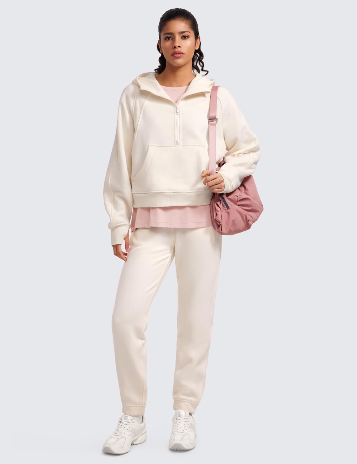 CRZ YOGA Womens Fleece Lined Half Zip Hoodies Pullover Oversized Long Sleeve Casual Workout Sweatshirts with Thumb Holes White Apricot Medium