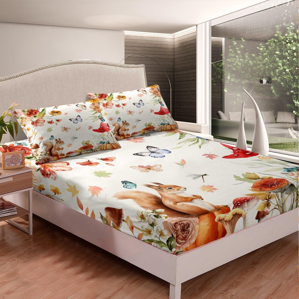 Erosebridal Cute Squirrel Comforter Set Full Size for Girls Women Fall Decor Sheet Set Thanksgiving Day Gifts Fitted Sheet Fall Season Flat Sheet 4 Piece Lovely Butterfly Mushroom Floral Sheets