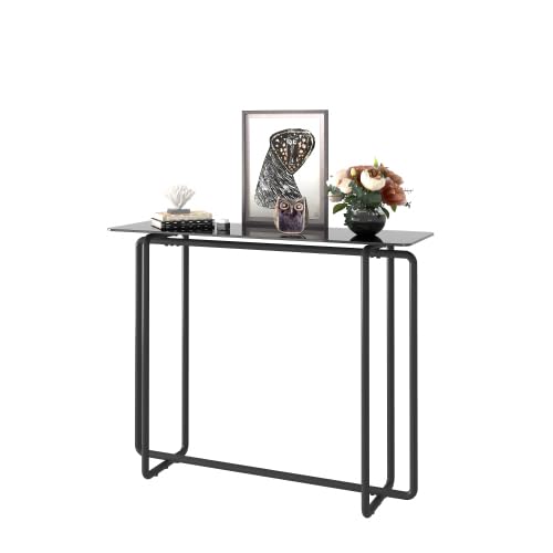 YISH W24181016 Console Modern Minimalist Porch Black Leg, Double Tempered Tea Rectangular, Glass Sofa Table for Entryway Living Room Bedroom Metal Frame