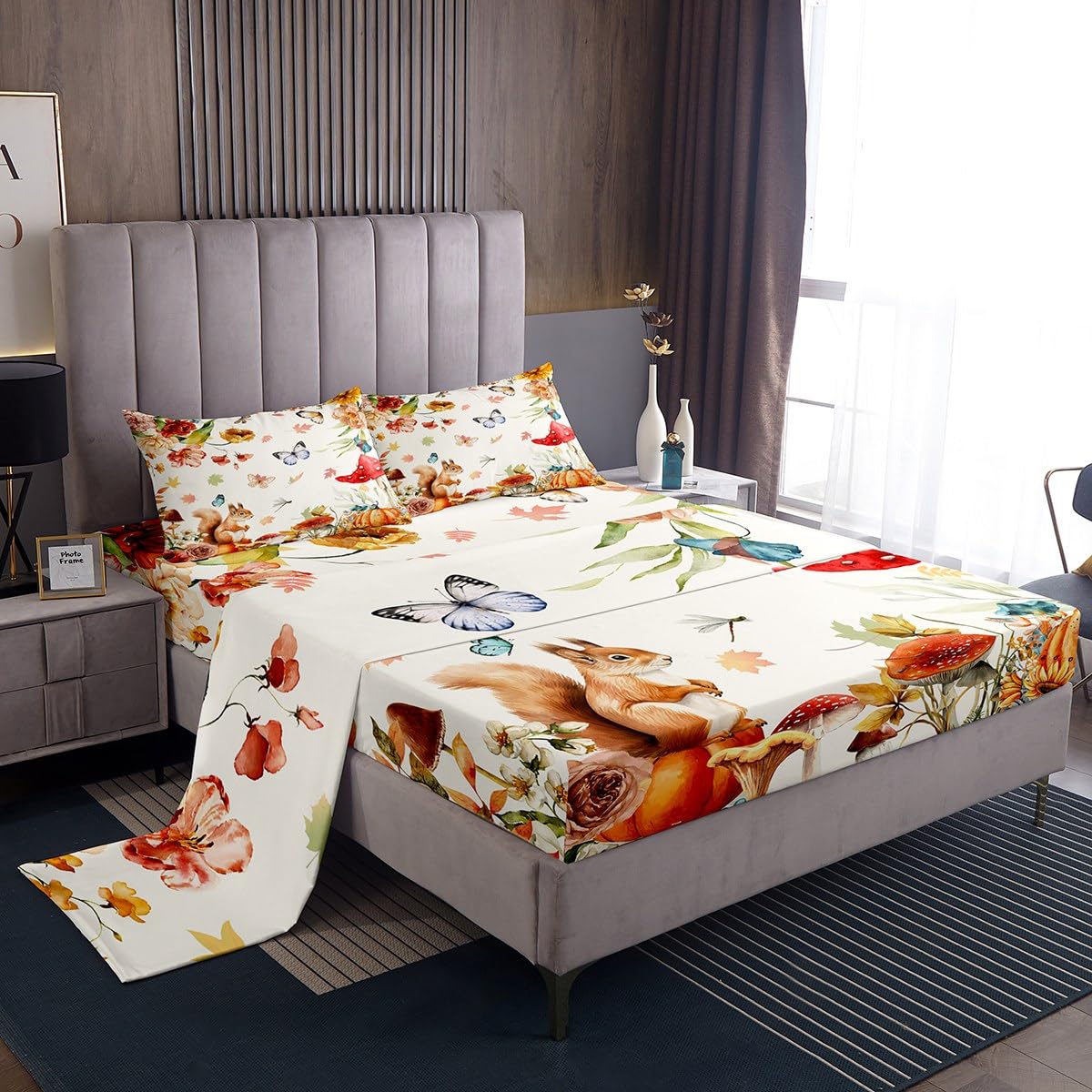 Erosebridal Cute Squirrel Comforter Set Full Size for Girls Women Fall Decor Sheet Set Thanksgiving Day Gifts Fitted Sheet Fall Season Flat Sheet 4 Piece Lovely Butterfly Mushroom Floral Sheets