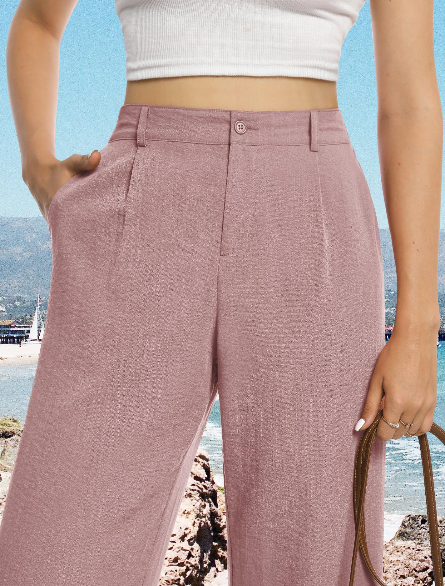 Feiersi Womens Casual Wide Leg Pants High Waisted Button Down Straight Long Trousers Palazzo Pants(Dusky Pink,X-Large)