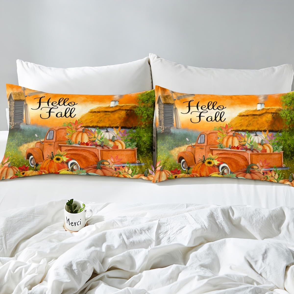 Erosebridal Hello Fall Comforter Set Rustic Farm Maple Leaf Pumpkin Sunflower Sheet Set Full Size Autumn Harvest Fitted Sheet Fall Season Flat Sheet Happy Fall Y'all Sheets Thanksgiving Day Gifts