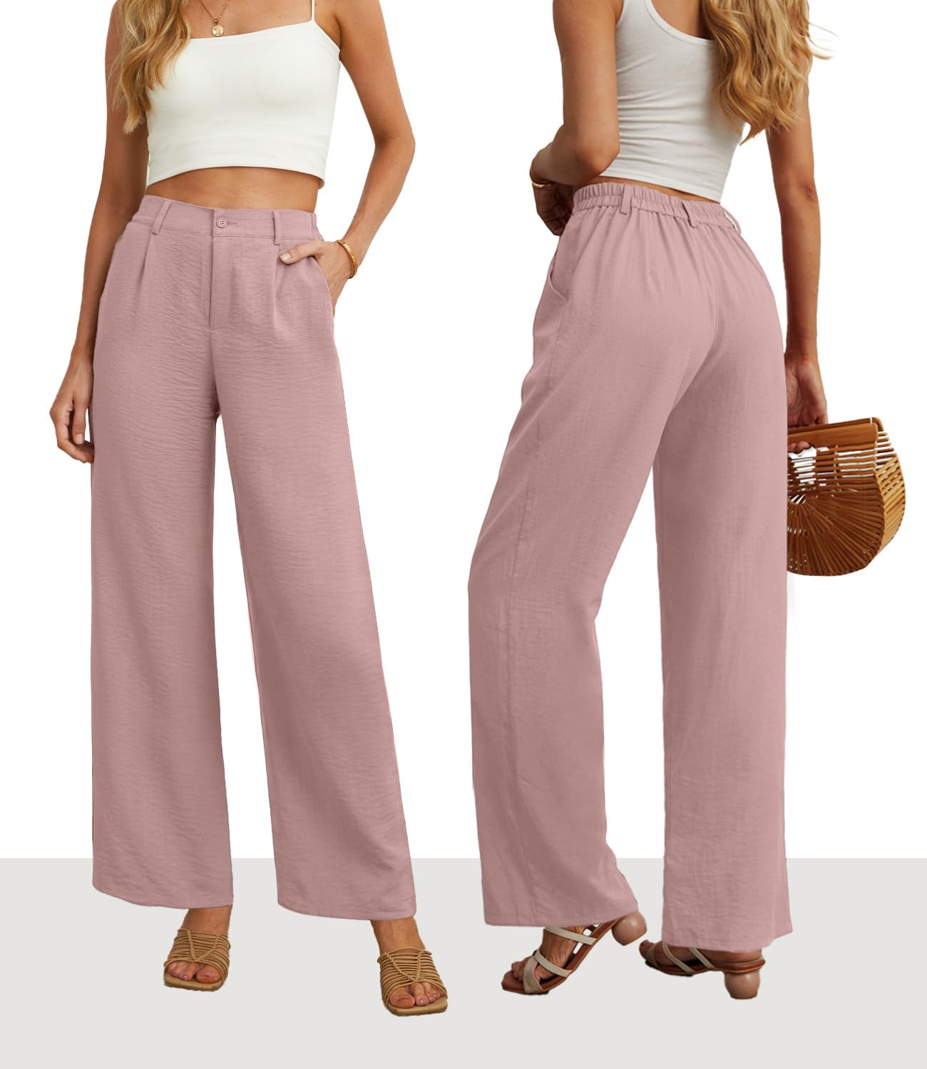 Feiersi Womens Casual Wide Leg Pants High Waisted Button Down Straight Long Trousers Palazzo Pants(Dusky Pink,X-Large)