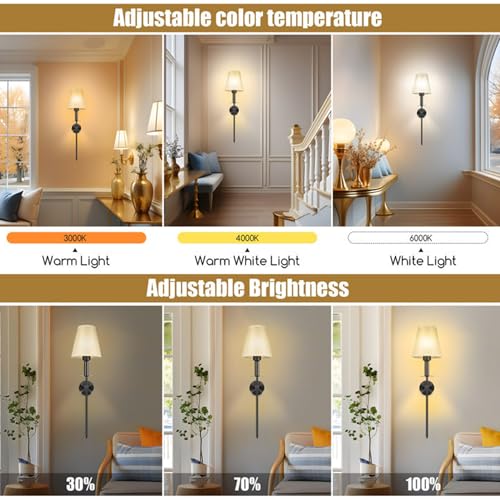 LAMPYLIFE Battery Operated Wall Sconce Set of 2 Two, Wireless Wall Sconces with Remote and Dimmable Detachable Bulbs, Rechargeable Battery Sconces Wall Decor for Bedroom Living Room Hallway (Black)