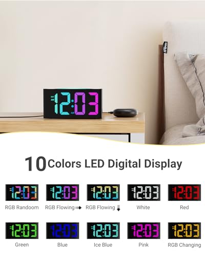 Vibrating Alarm Clock with Bed Shaker : 10 Dynamic Display RGB Clock, 8 Night Light, Brightness Dimmable Loud Alarm Clock for Heavy Sleepers Adults/Kids/Teens