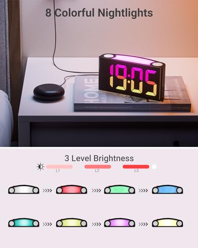 Vibrating Alarm Clock with Bed Shaker : 10 Dynamic Display RGB Clock, 8 Night Light, Brightness Dimmable Loud Alarm Clock for Heavy Sleepers Adults/Kids/Teens