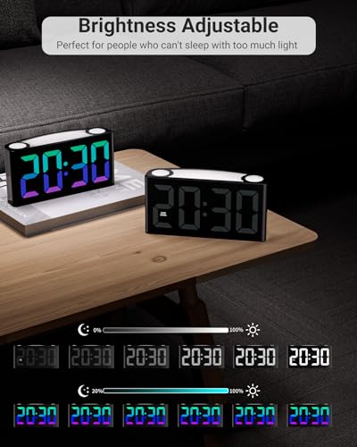Vibrating Alarm Clock with Bed Shaker : 10 Dynamic Display RGB Clock, 8 Night Light, Brightness Dimmable Loud Alarm Clock for Heavy Sleepers Adults/Kids/Teens