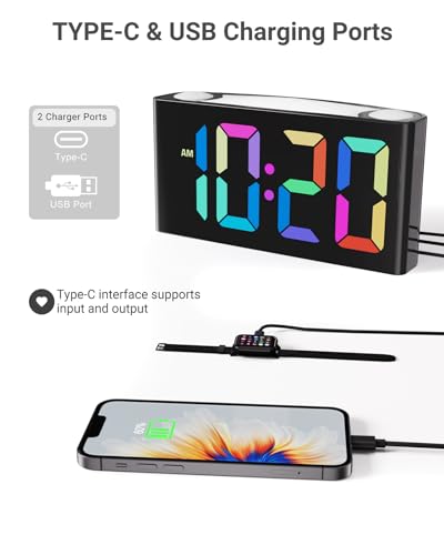 Vibrating Alarm Clock with Bed Shaker : 10 Dynamic Display RGB Clock, 8 Night Light, Brightness Dimmable Loud Alarm Clock for Heavy Sleepers Adults/Kids/Teens