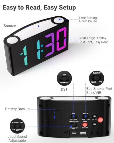Vibrating Alarm Clock with Bed Shaker : 10 Dynamic Display RGB Clock, 8 Night Light, Brightness Dimmable Loud Alarm Clock for Heavy Sleepers Adults/Kids/Teens