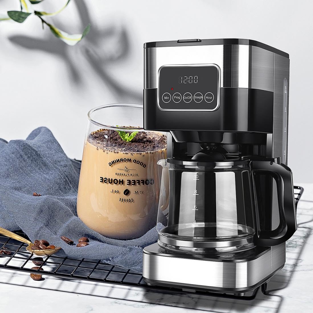 10-Cup Coffee Maker,Programmable Coffee Machine with Touch Screen,Glass Carefe,Reusable Filter,Auto Shut-Off and Pause,Regular & Strong Brew for Home and Office,Silver and Black